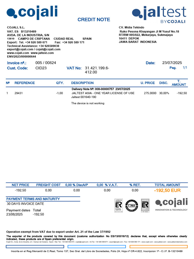 CV MIDIA. Credit Note 005-00824 | PDF | Money | Services (Economics)