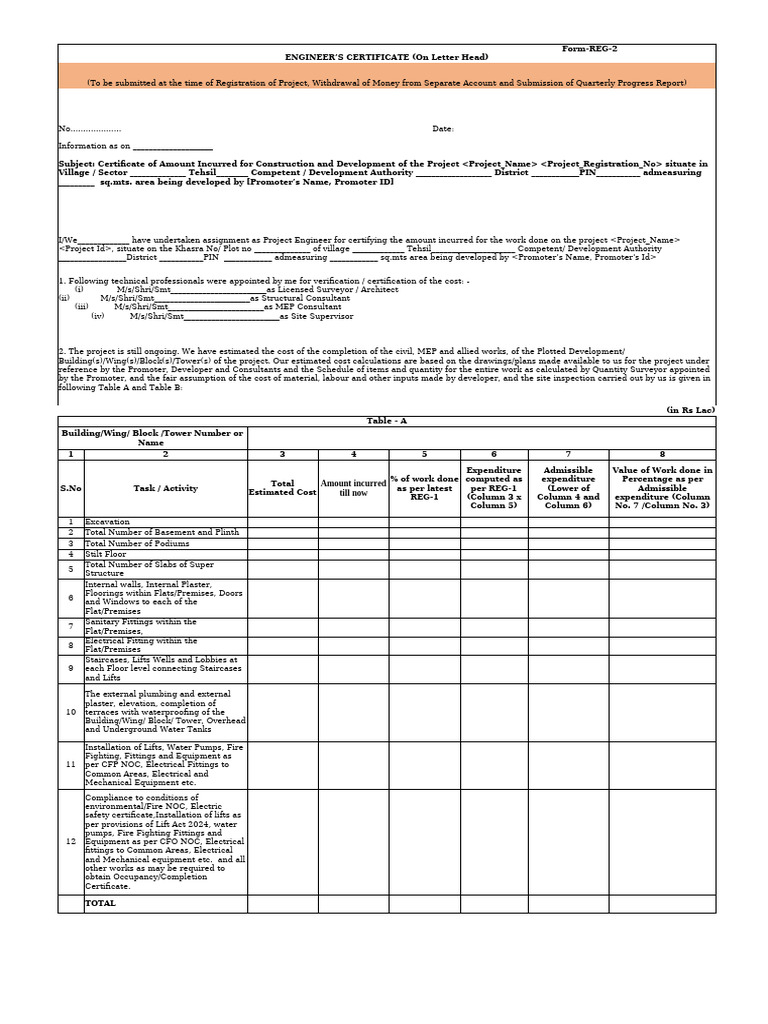 Form REG 2 (Engineer Certificate) | PDF | Elevator | Sewage Treatment
