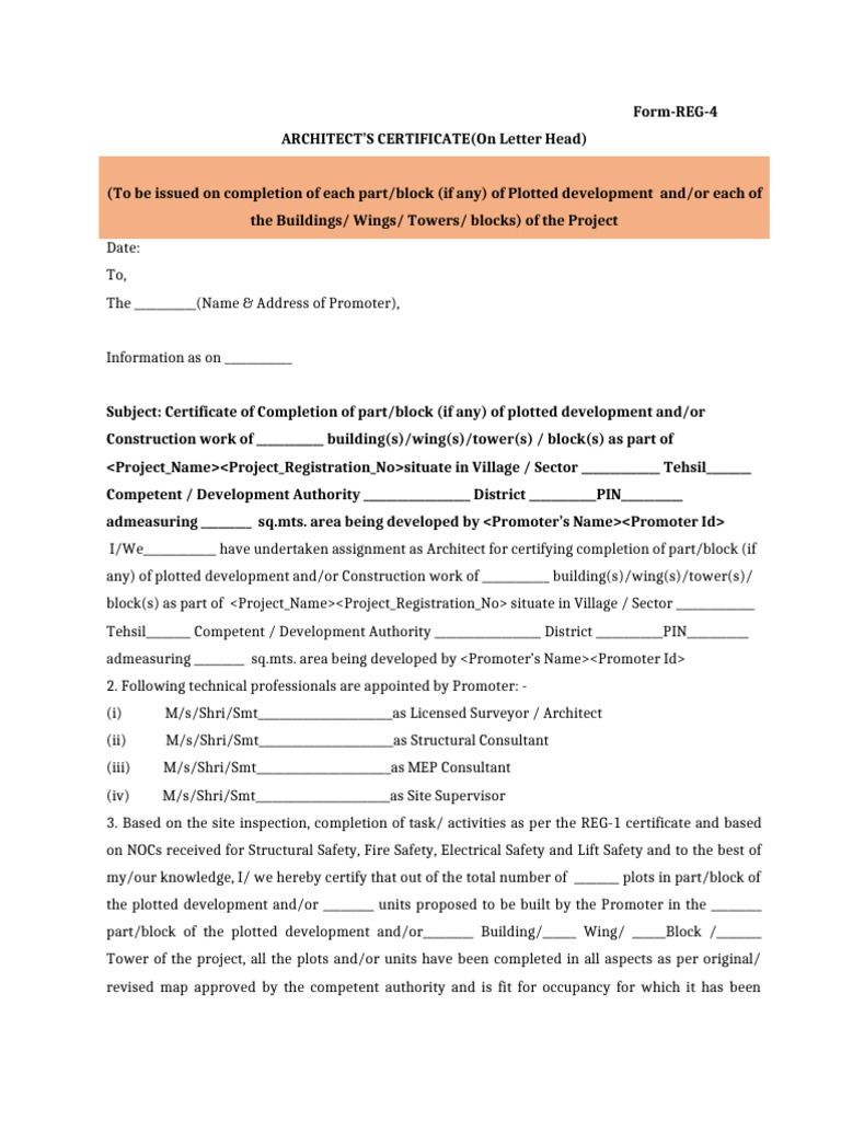 Architect's Completion Certificate Form 4 | PDF