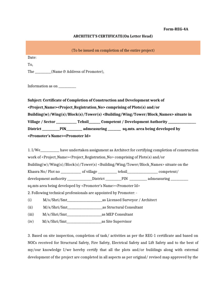 Architect's Completion Certificate Form | PDF