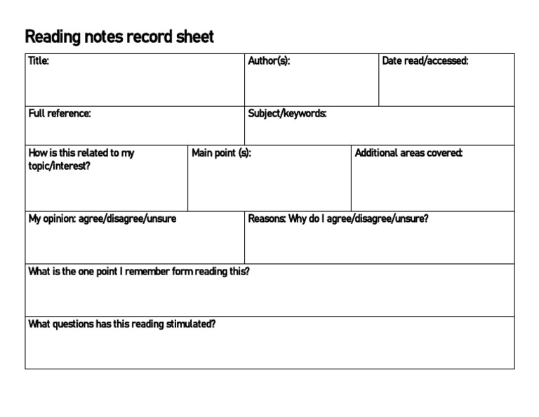 Reading Notes Record Sheet | PDF