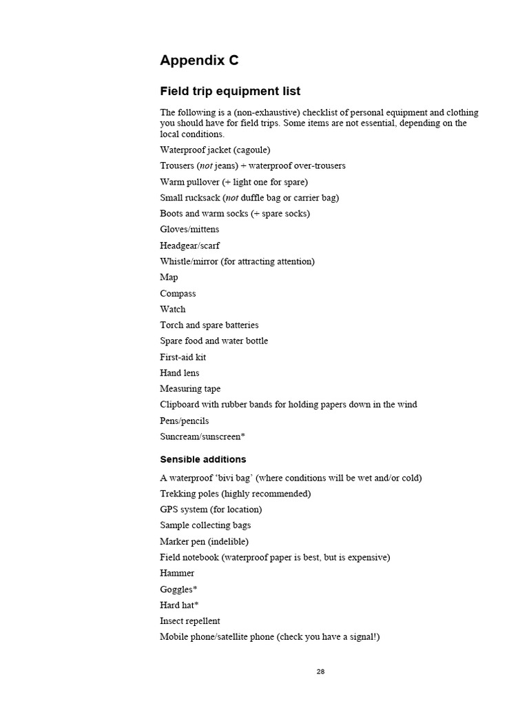 Essential Field Trip Equipment Checklist | PDF