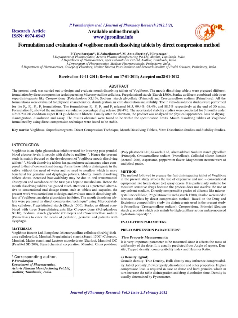 Formulation of Voglibose Mouth Tablets | PDF | Tablet (Pharmacy ...