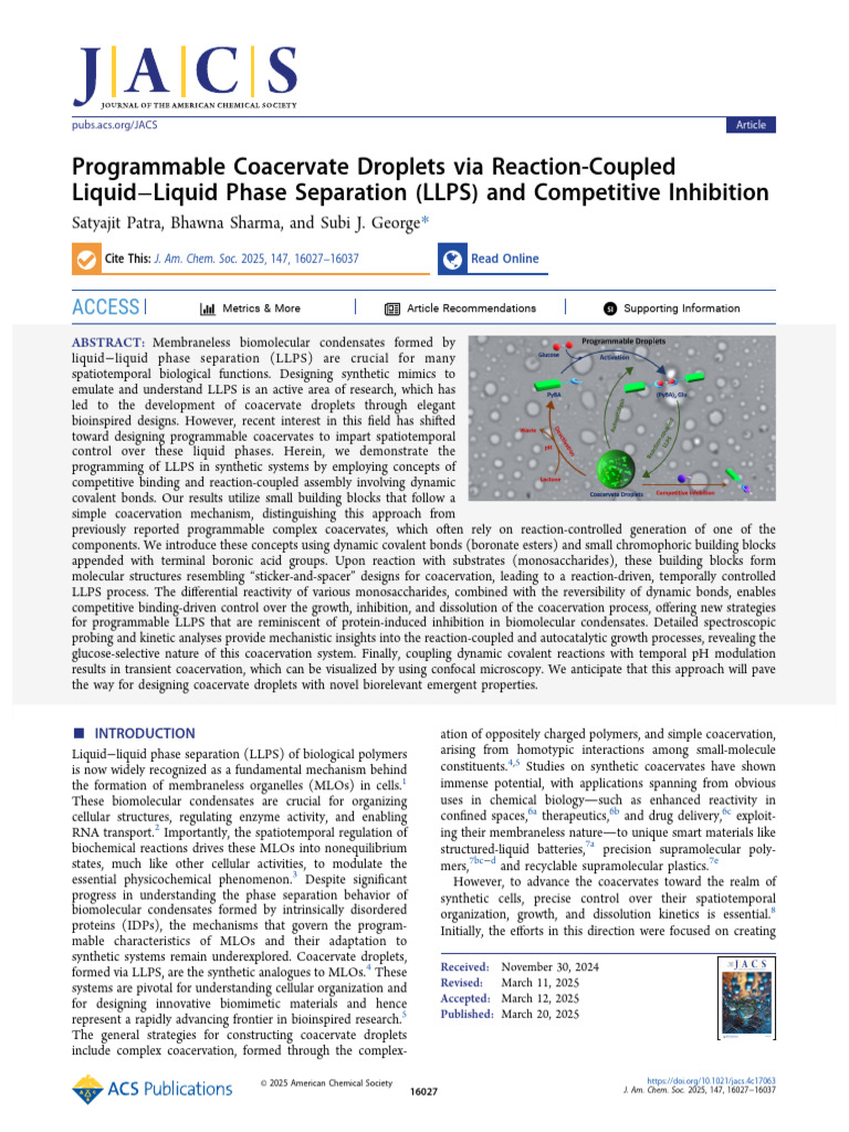 Patra Et Al 2025 Programmable Coacervate Droplets Via Reaction Coupled Liquid Liquid Phase ...