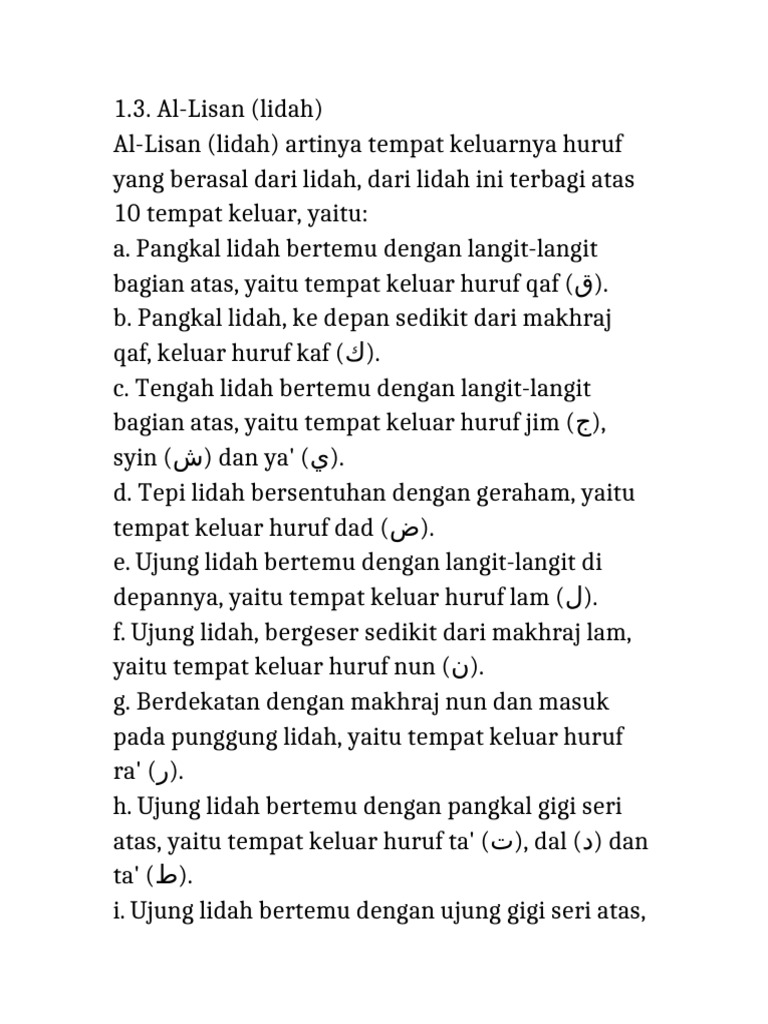 Makhraj Huruf Al-Lisan dan Contohnya | PDF