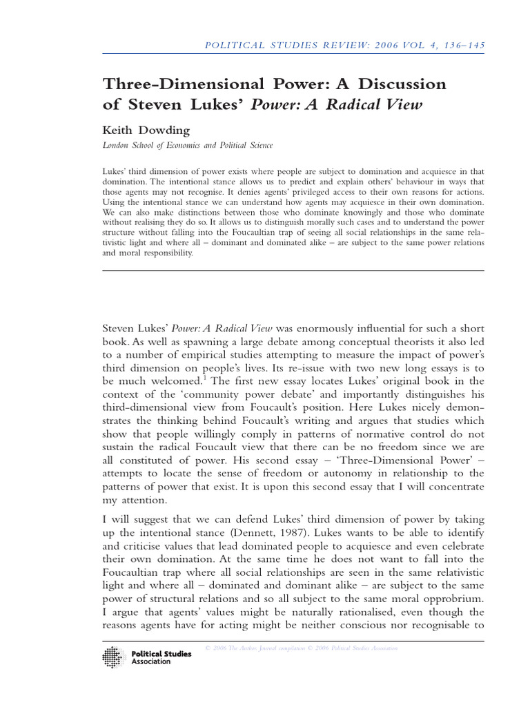 Political Studies Review - 2006 - Dowding - Three Dimensional Power A ...