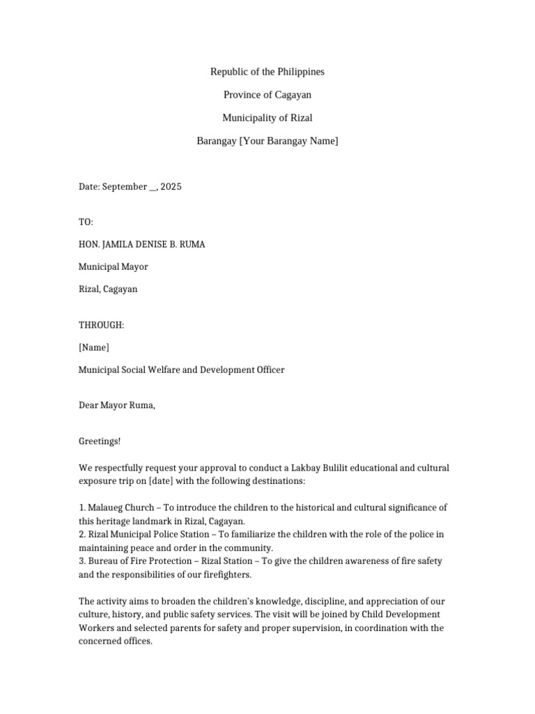 Lakbay Bulilit Request Letter Rizal Cagayan | PDF