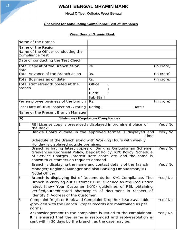 Compliance Test Checklist for WB Gramin Bank | PDF | Loans | Banks
