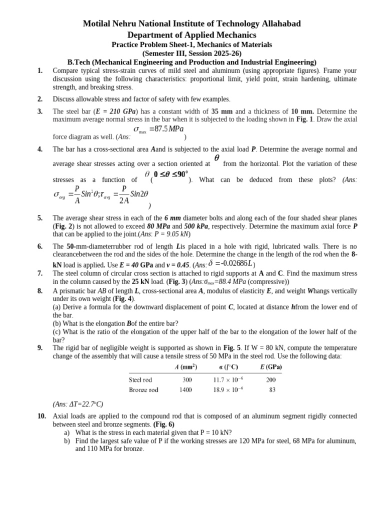 Tutorial Sheet 1-1 | PDF | Strength Of Materials | Stress (Mechanics)