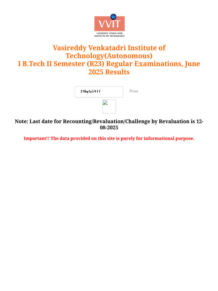 VVIT B.Tech II Sem Results 2025 | PDF