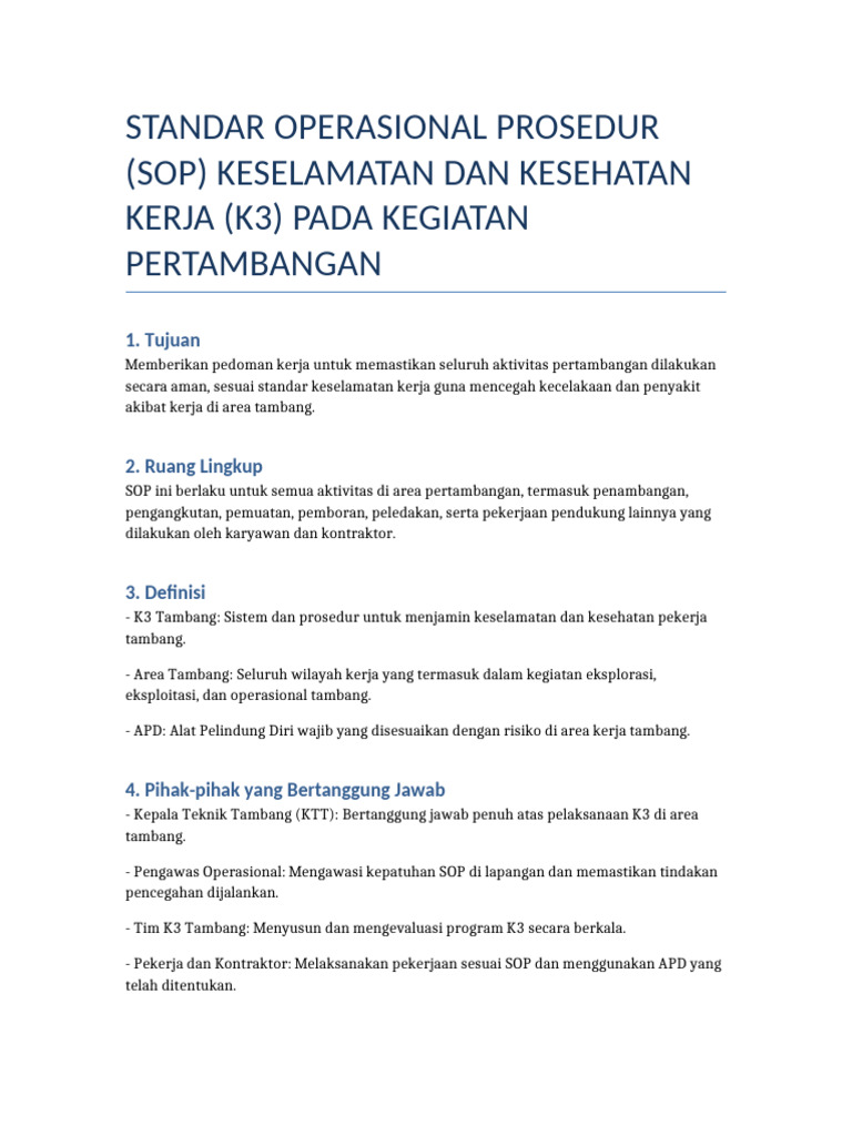 SOP K3 Pertambangan yang Aman | PDF