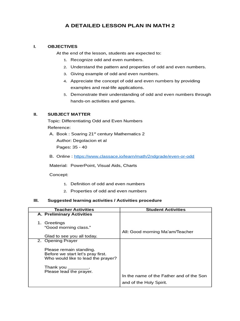 Lesson Plan: Odd and Even Numbers | PDF | Numbers | Arithmetic