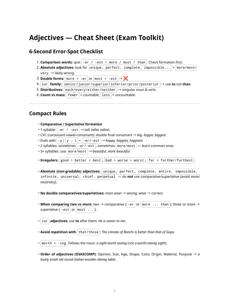 Adjectives Cheat Sheet - Exam Toolkit | PDF | Adjective | Syntax