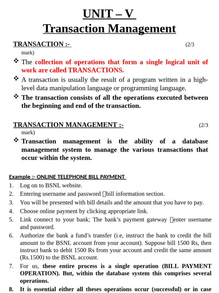 UNIT - V (Transaction Management) | PDF | Database Transaction | Databases