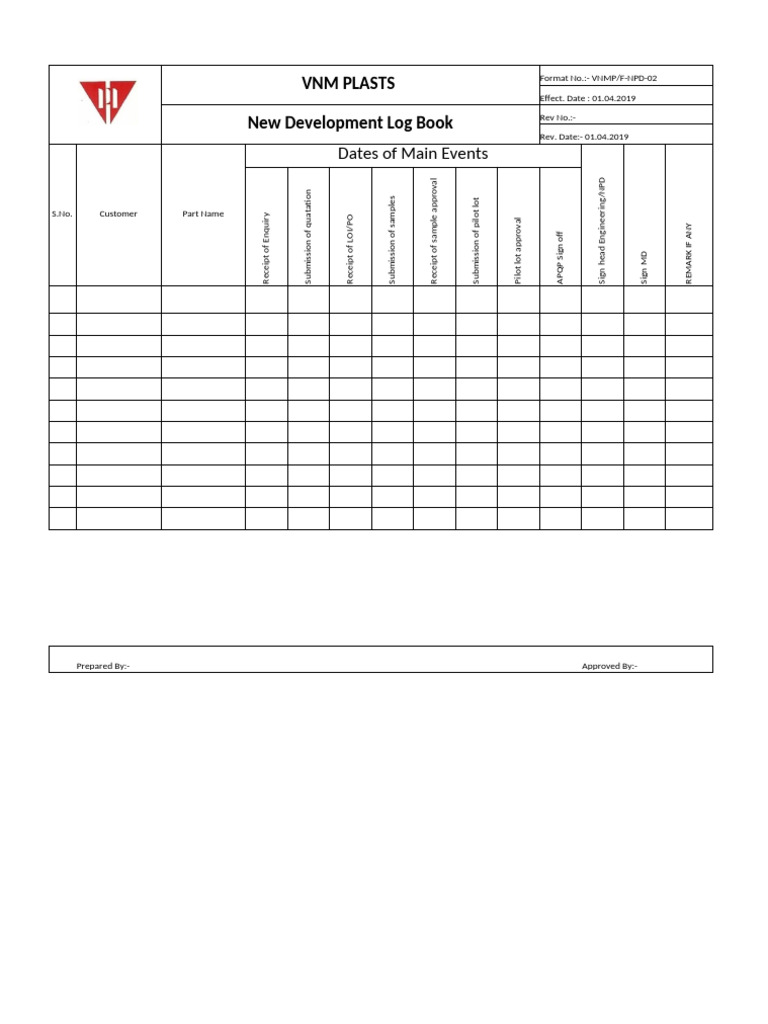 VNM Plasts New Development Log Book | PDF