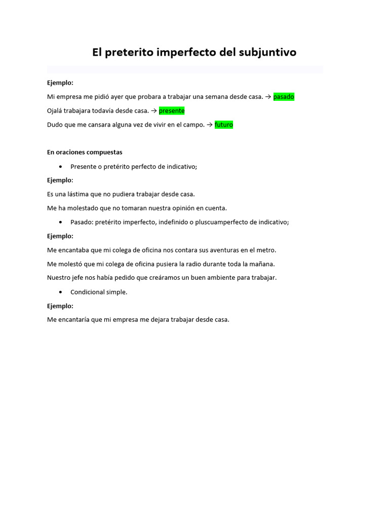 El Preterito Imperfecto Del Subjuntivo | PDF