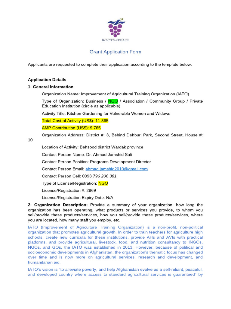 Roots of Peace - Grant Application Form | PDF | Food Security | Vegetables