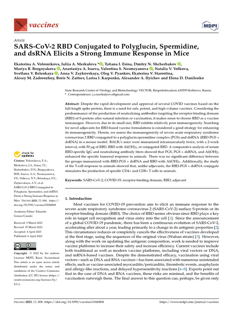 VOLOSNIKOVA 2023 - SARS-CoV-2 RBDConjugated To Polyglucin, Spermidine, and DsRNAElicits A Strong ...