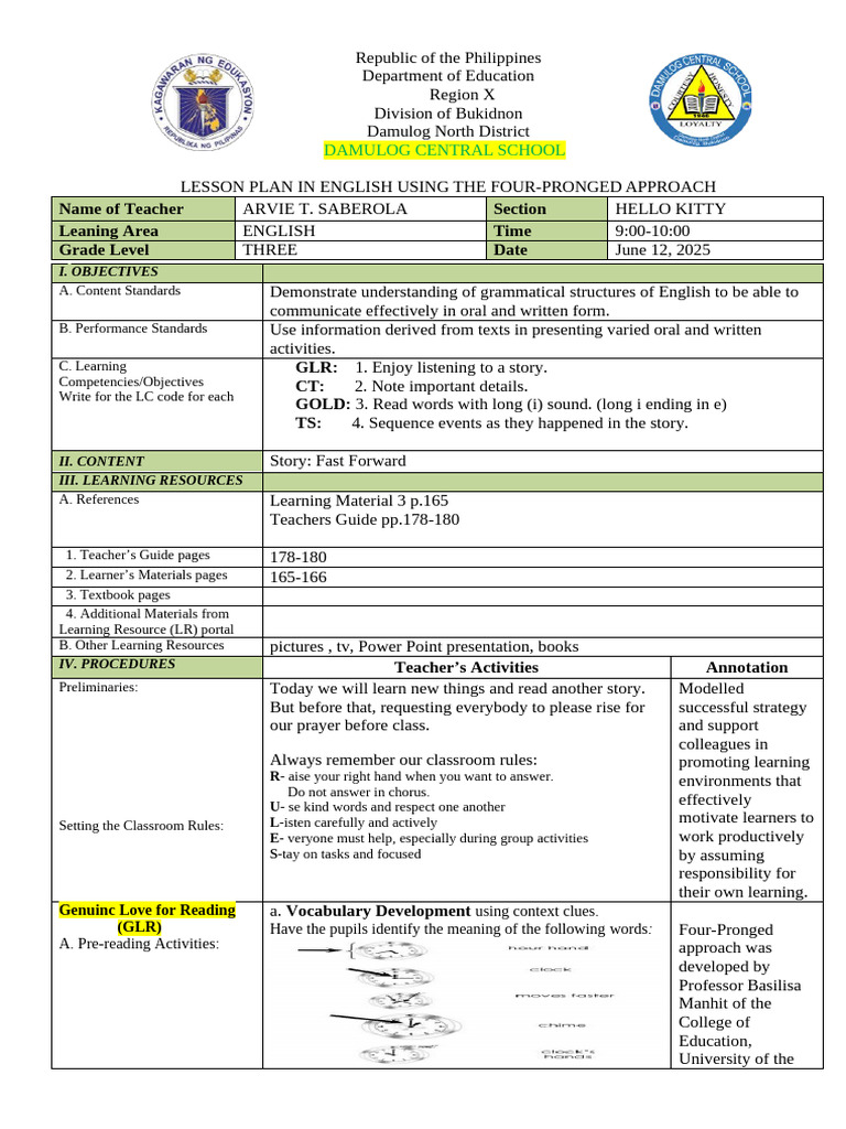 Four-Pronged English Lesson Plan | PDF | Lesson Plan | Reading ...
