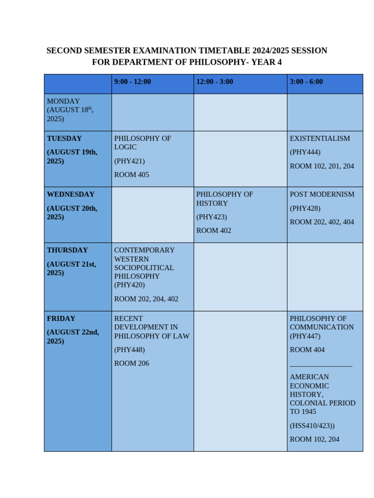 400 Level Exam Timetable | PDF