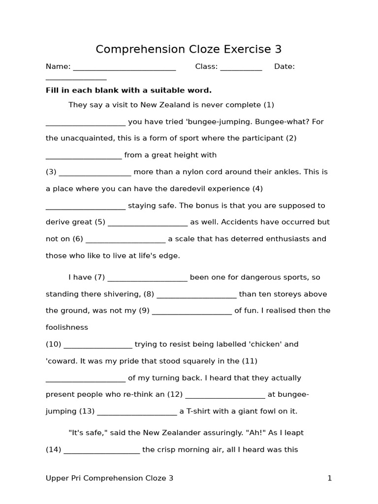 Comprehension Cloze Exercise 3 | PDF