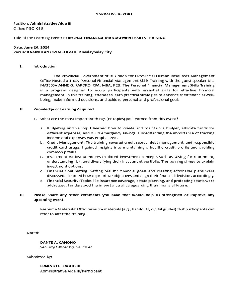 NARRATIVE REPORT Personal Financial Management | PDF | Expense | Business