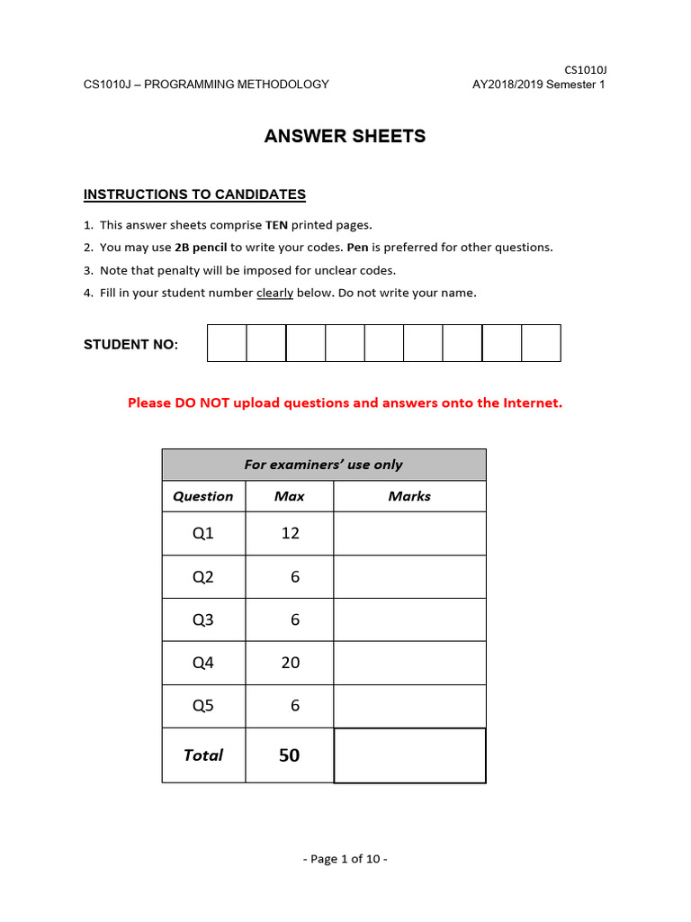 CS1010J Exam Answer Sheet | PDF