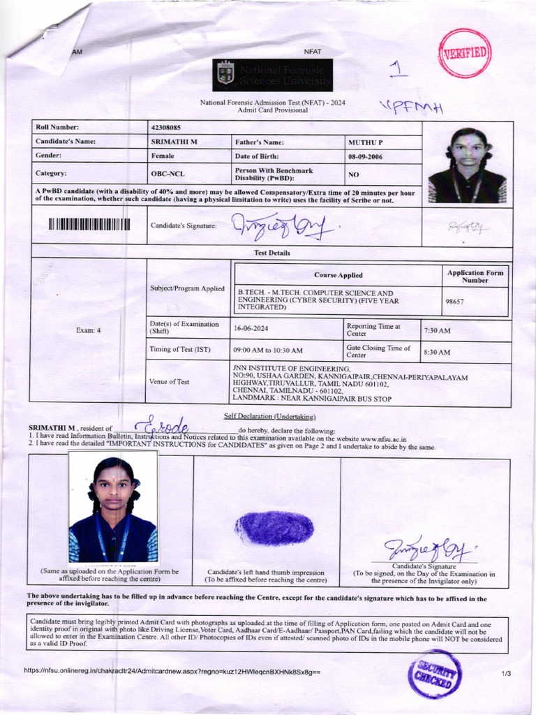 NFAT 2024 Provisional Admit Card | PDF | Science Education