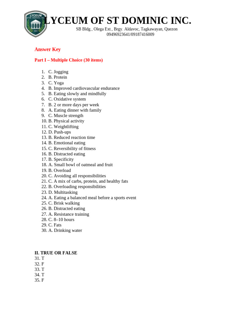 Health and Fitness Answer Key | PDF