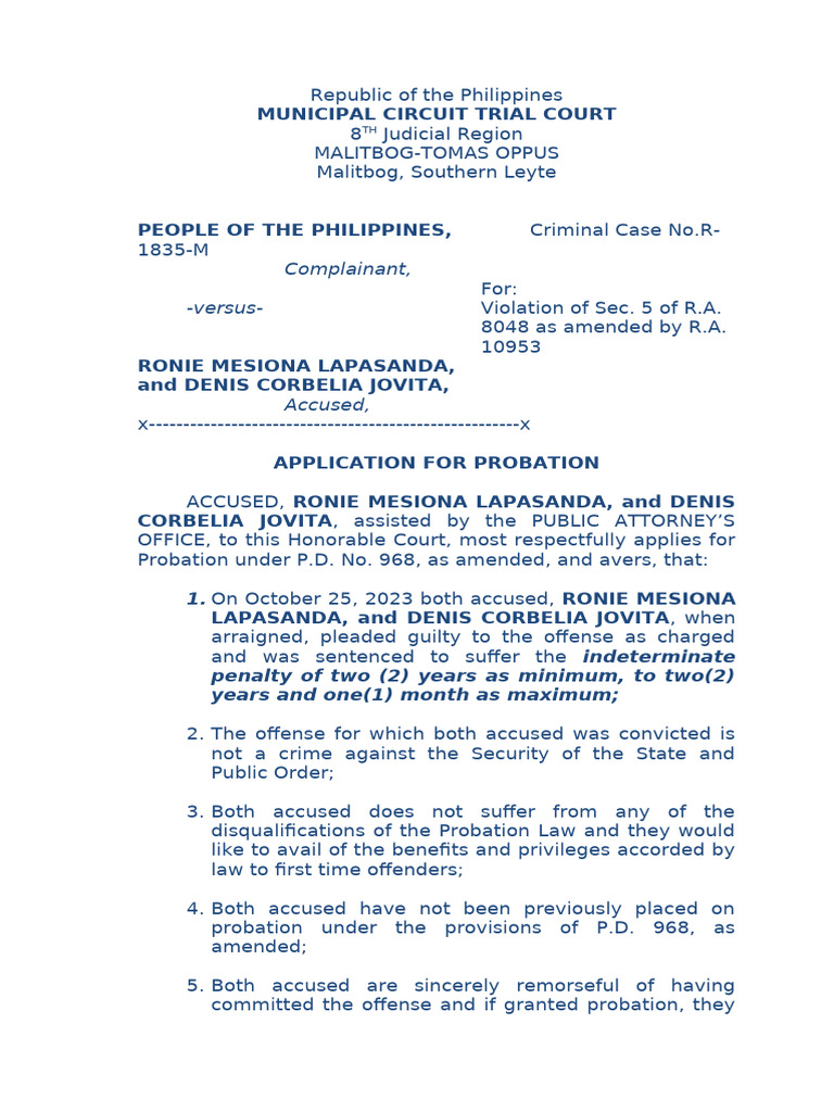 Application for Probation in Criminal Case | PDF | Probation | Crimes