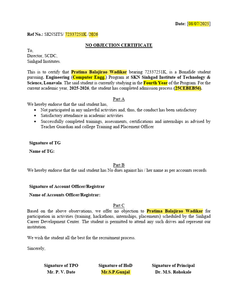 Sample NOC SKNSITS | PDF