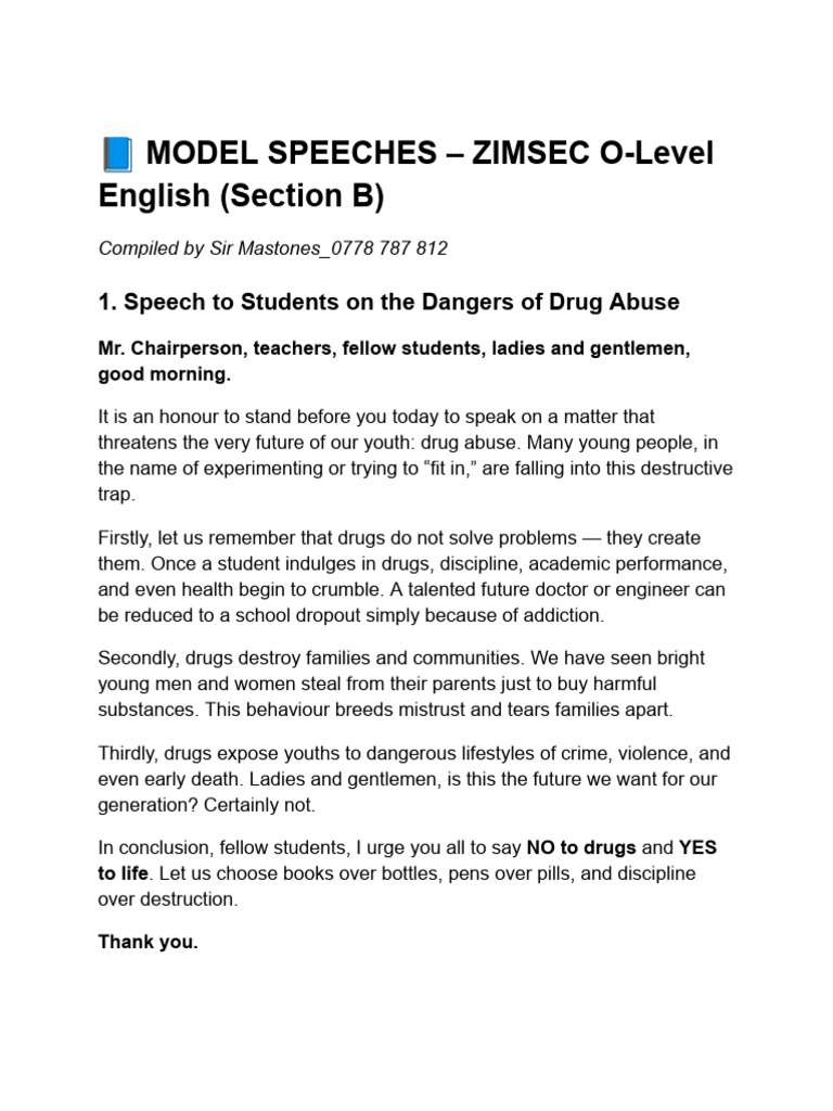 ? Model Speeches - Zimsec O-Level English (Section B) | PDF | Schools ...