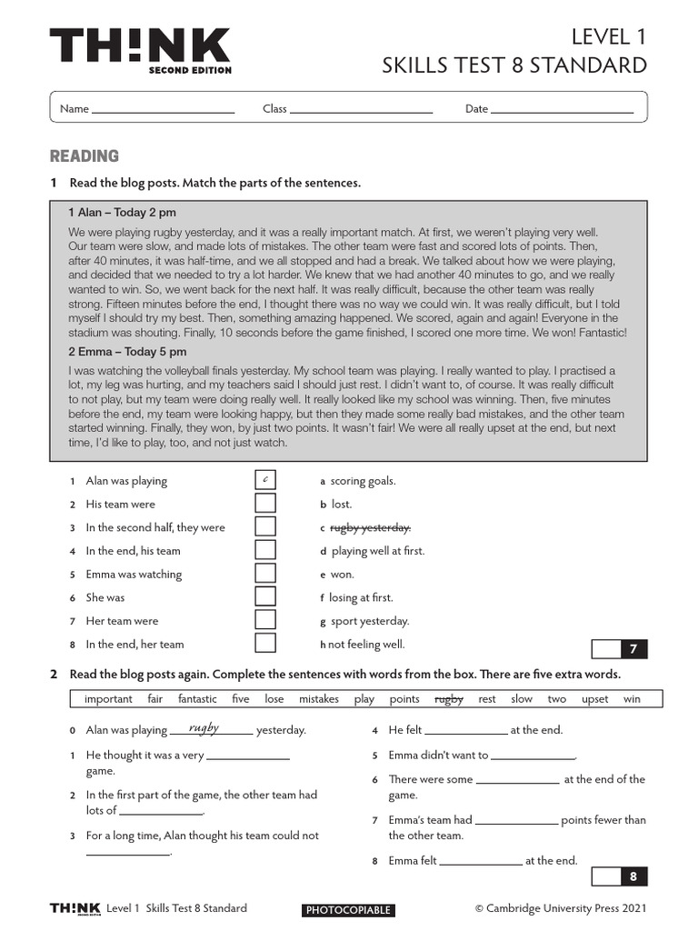 Level 1 Skills Test 8: Reading & Listening | PDF