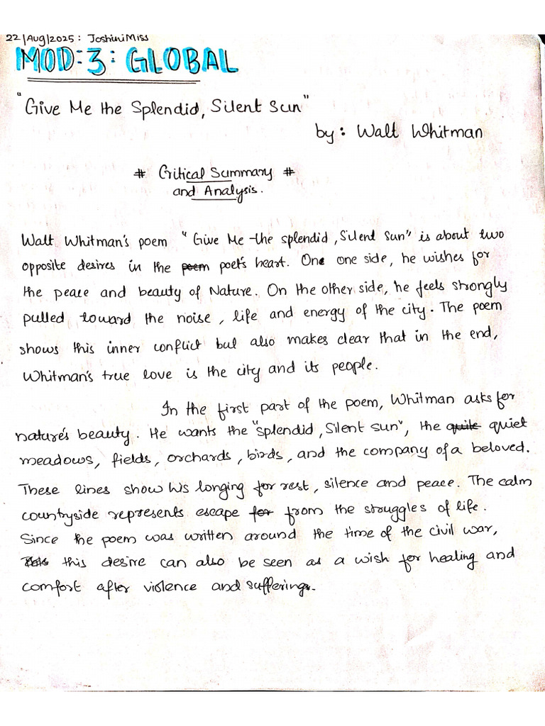 Give Me The Splendid Silent Sun by Walt Whitman | PDF