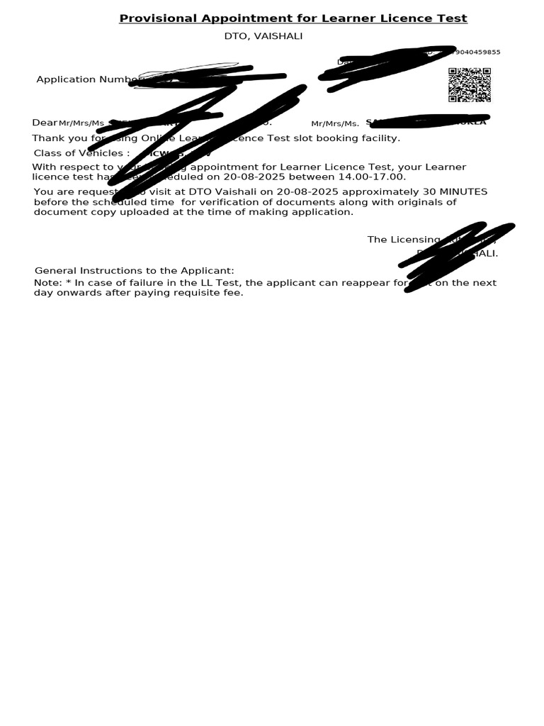 Provisional Appointment For Learner Licence Test | PDF