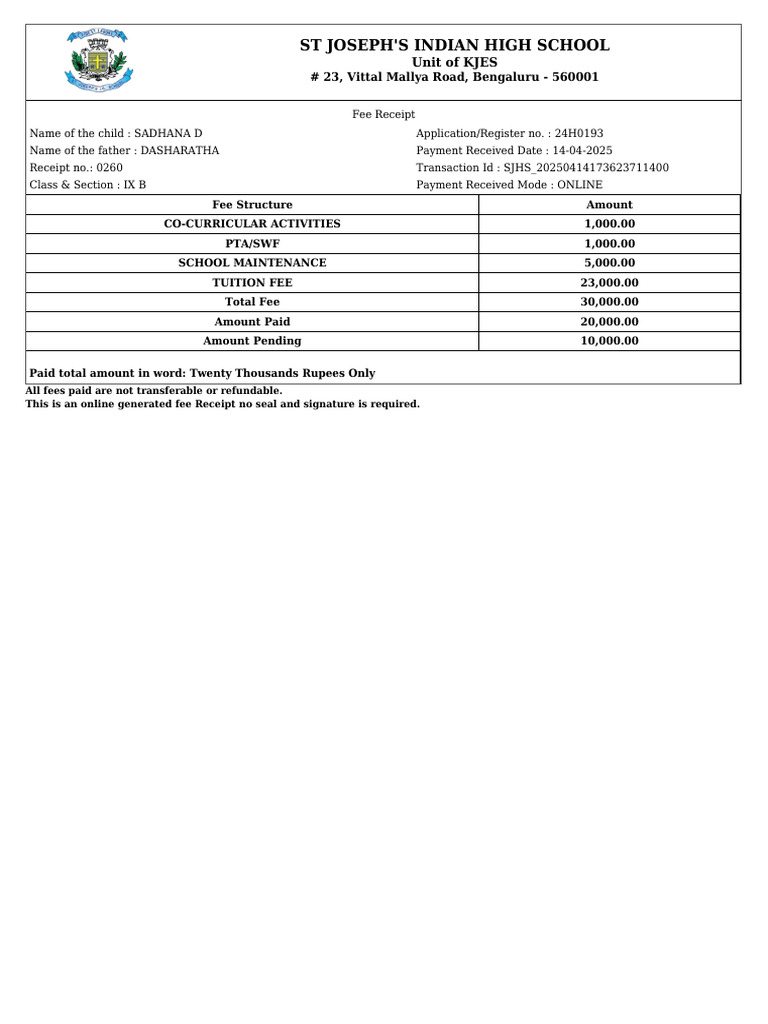School Fee Receipt Format | PDF