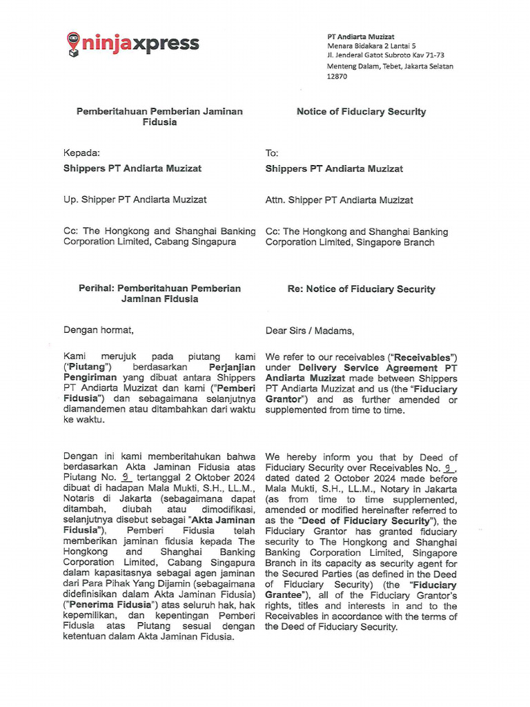 Notice of Fiduciary Security (Shippers) - PT Andiarta Muzizat | PDF