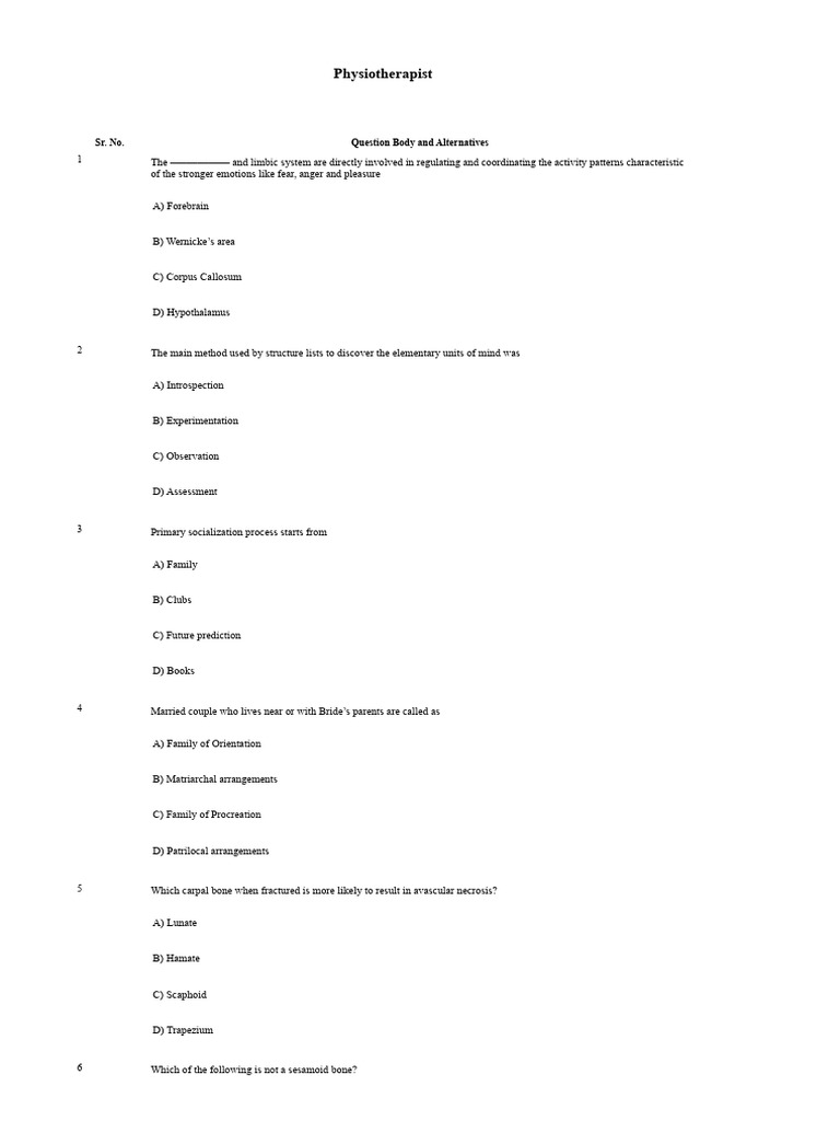 Subject Question Paper Physiotherapist Grade II | PDF | Pelvis | Knee