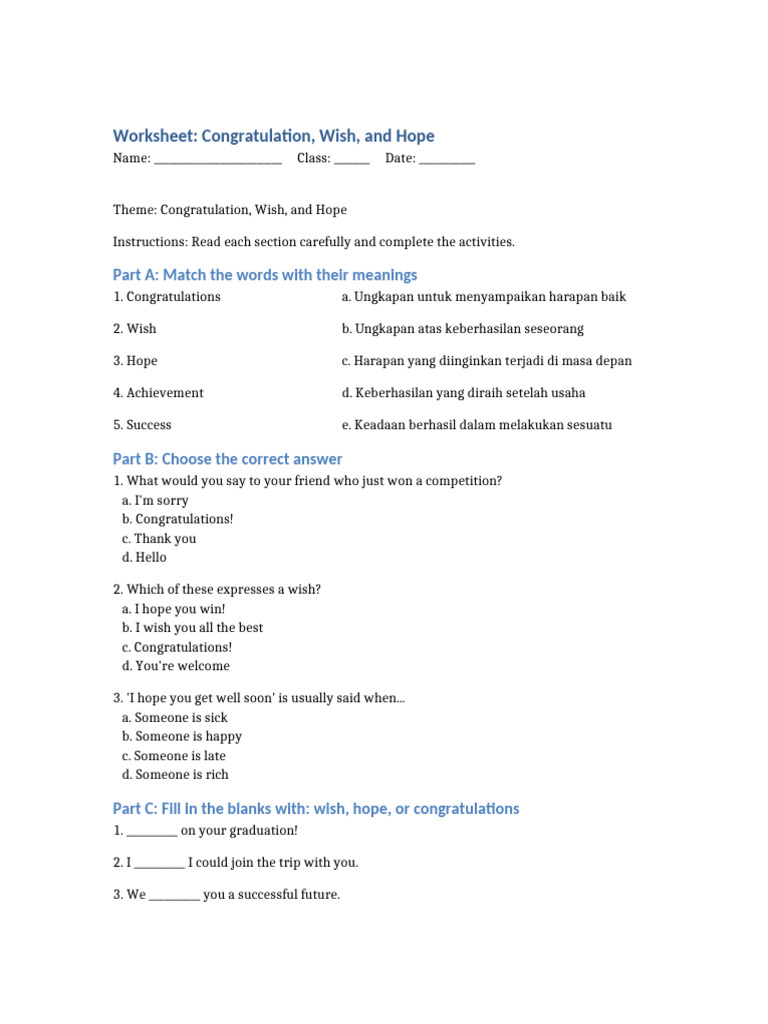 Congratulation, Wish, and Hope Worksheet | PDF