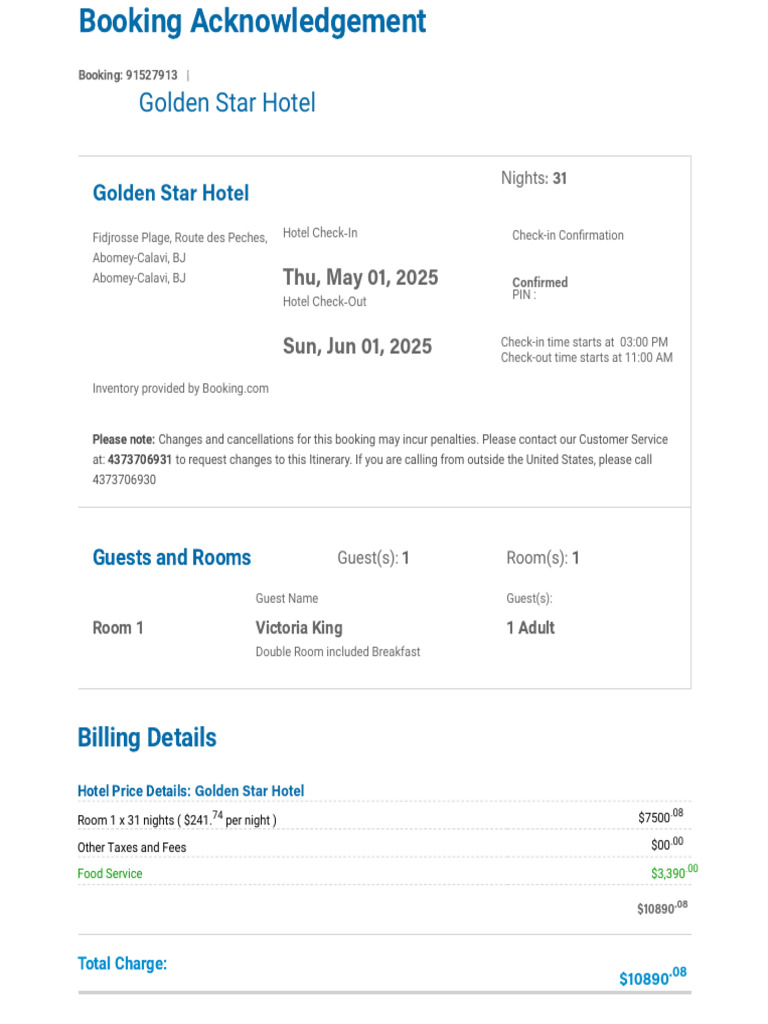 Victoria King Hotel Booking Details | PDF | Fee | Credit Card