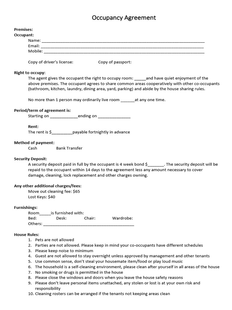 Occupancy Agreement Template | PDF