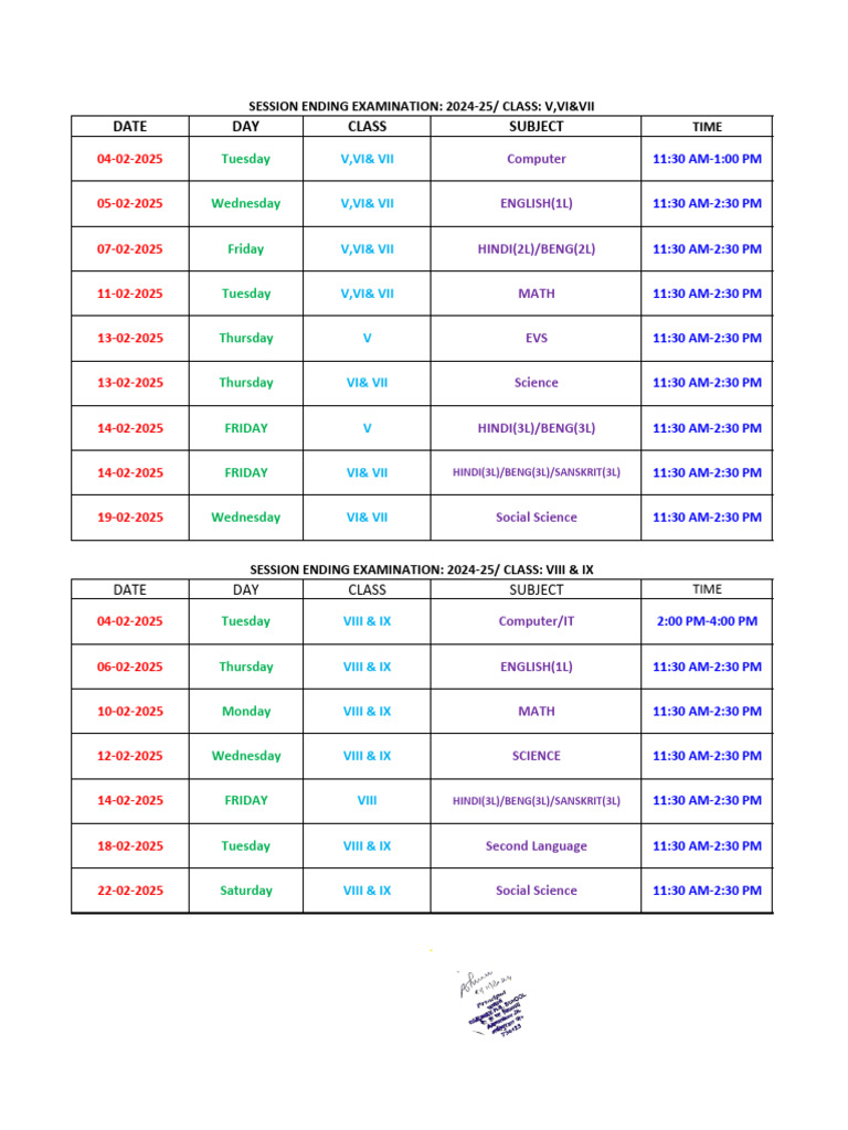2024-25 Session Exam Schedule | PDF