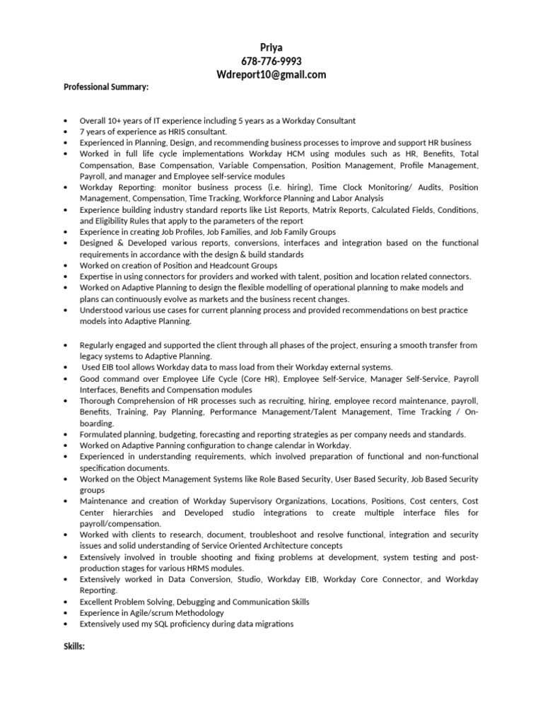Priya Resume Workday Consultant Profile | PDF | Human Resource ...