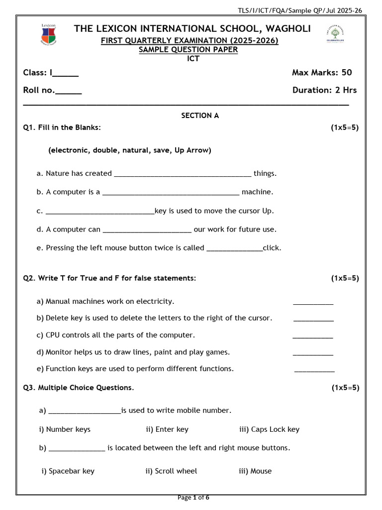 Tls Class i Ict Fqa Sample Qp 2025-26 | PDF | Cursor (User Interface) | Computer Keyboard