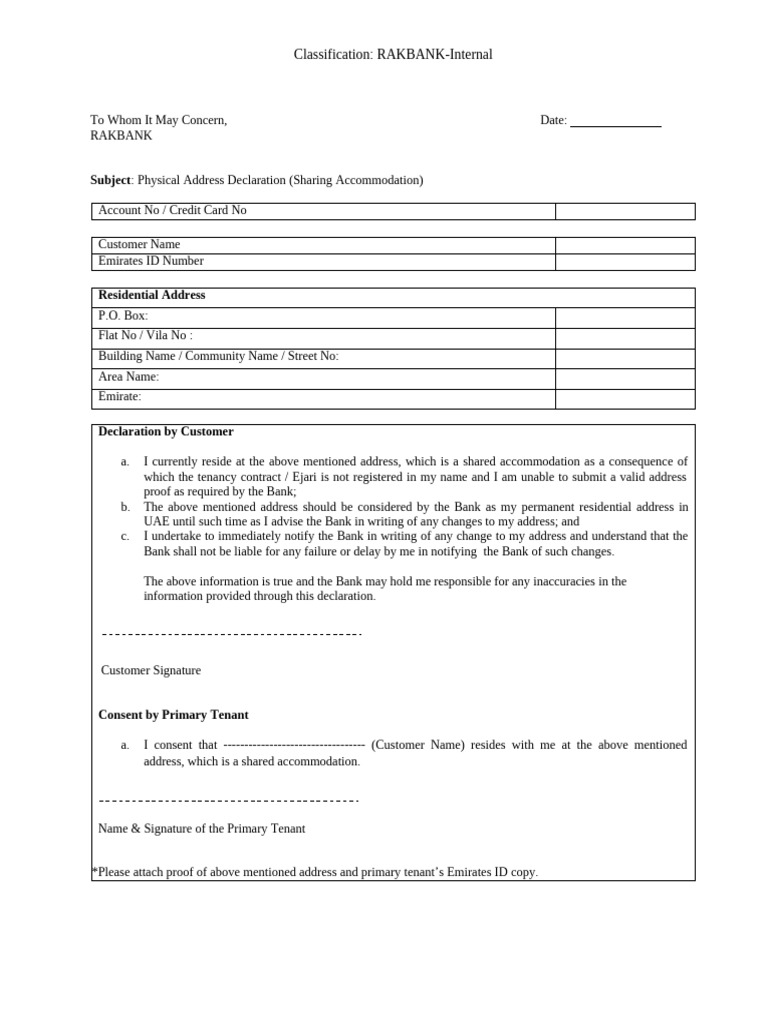 Physical Address Declaration Sharing Accommodation Template Clean v1 | PDF