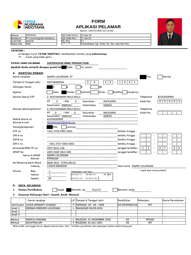 Form Aplikasi Pelamar - Cni - Damri L-1 | PDF