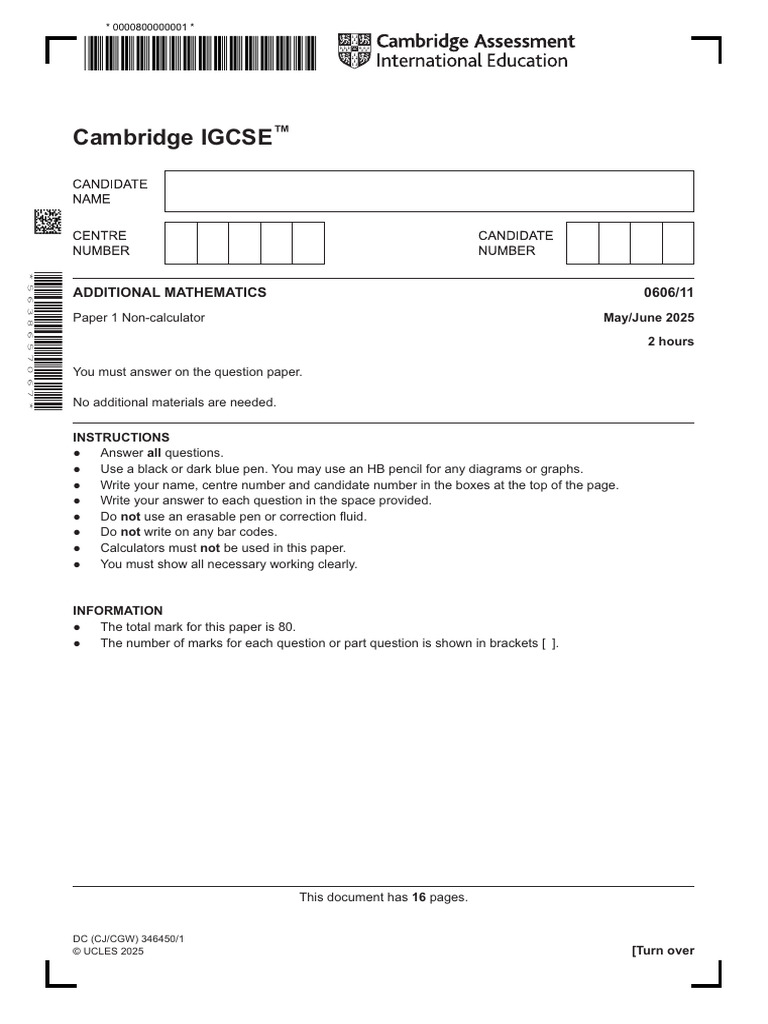 Cambridge IGCSE: Additional Mathematics 0606/11 | PDF