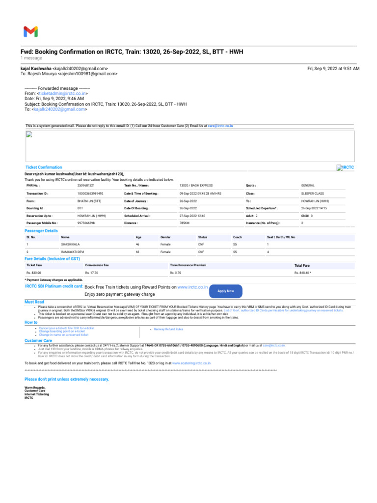 Gmail - FWD - Booking Confirmation On IRCTC, Train - 13020, 26-Sep-2022, SL, BTT - HWH | PDF ...