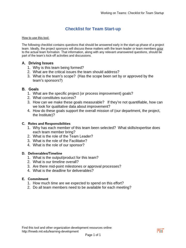 1.7 Checklist For Team Start-Up | PDF