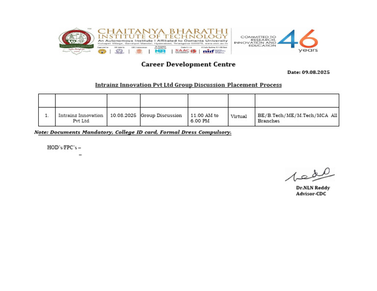 Intrainz Innovation PVT LTD Group Discussion Placement Circular On 10.08.2025 | PDF